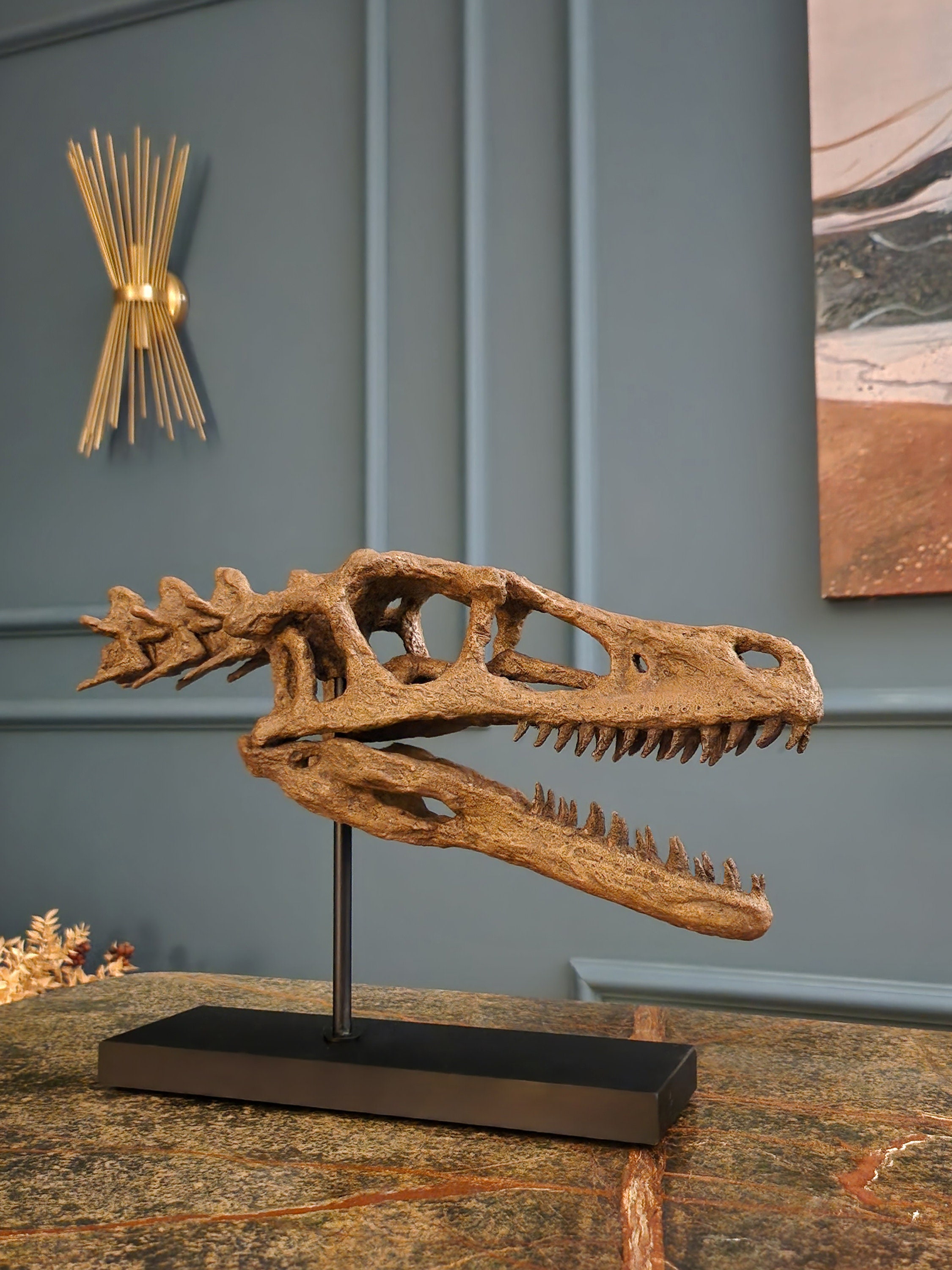 Velociraptor Skull With Neck Fossil-themed Collectible Sculpture Wooden ...