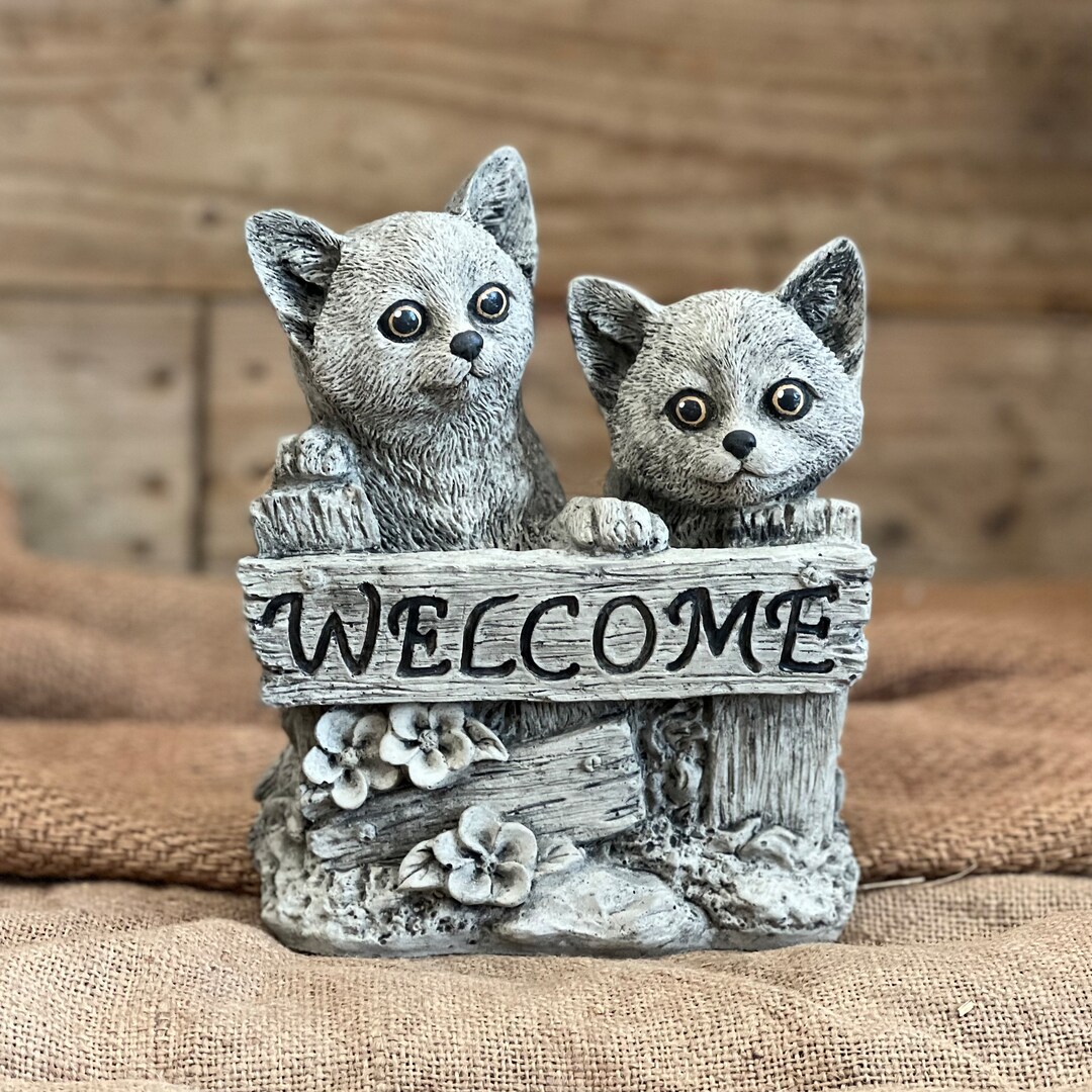 Two Kitties Holding Welcome Sign Concrete Welcome Cat Statue Massive ...
