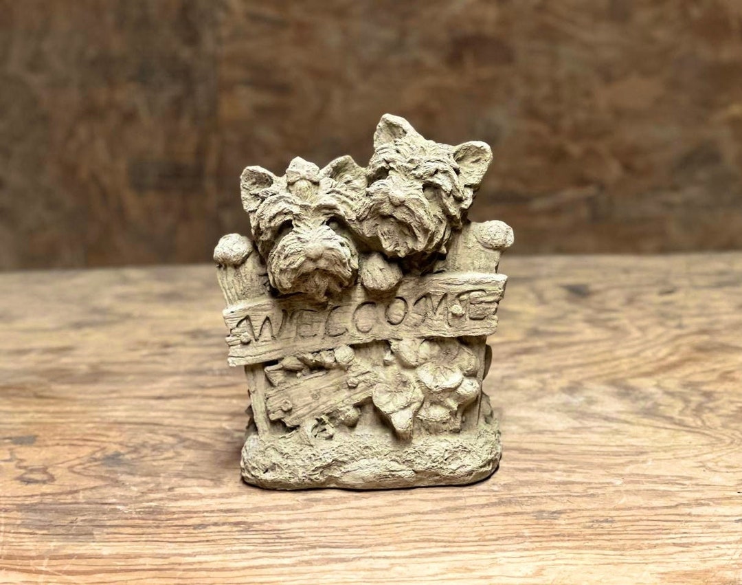 Welcome Sign Decorated With York Terrier Puppies Sculpture Concrete ...