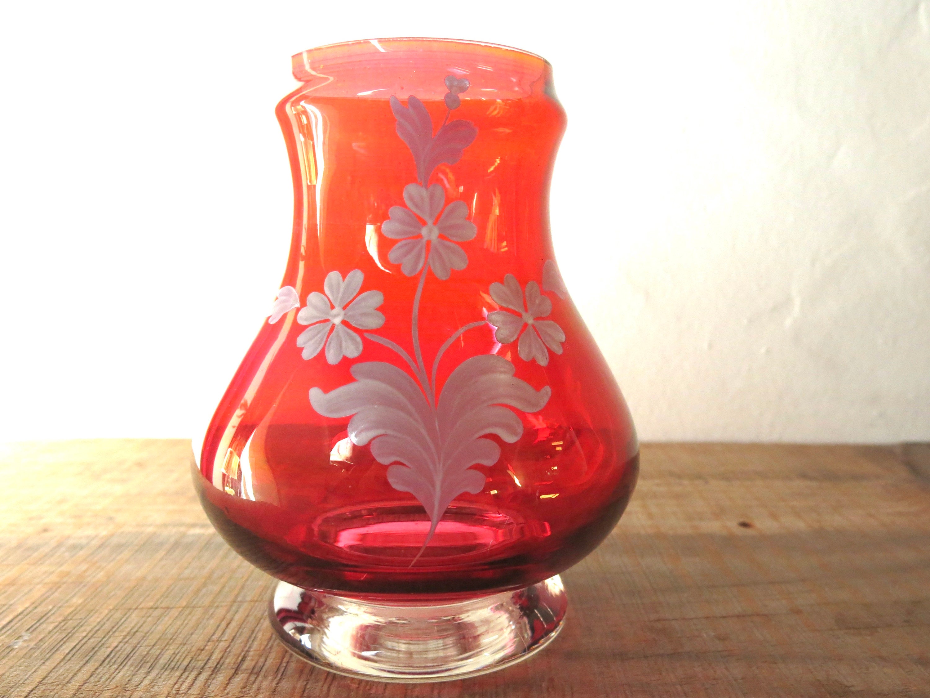 Lovely Vintage Red Glass Vase With Hand-painted White Flowers Retro ...