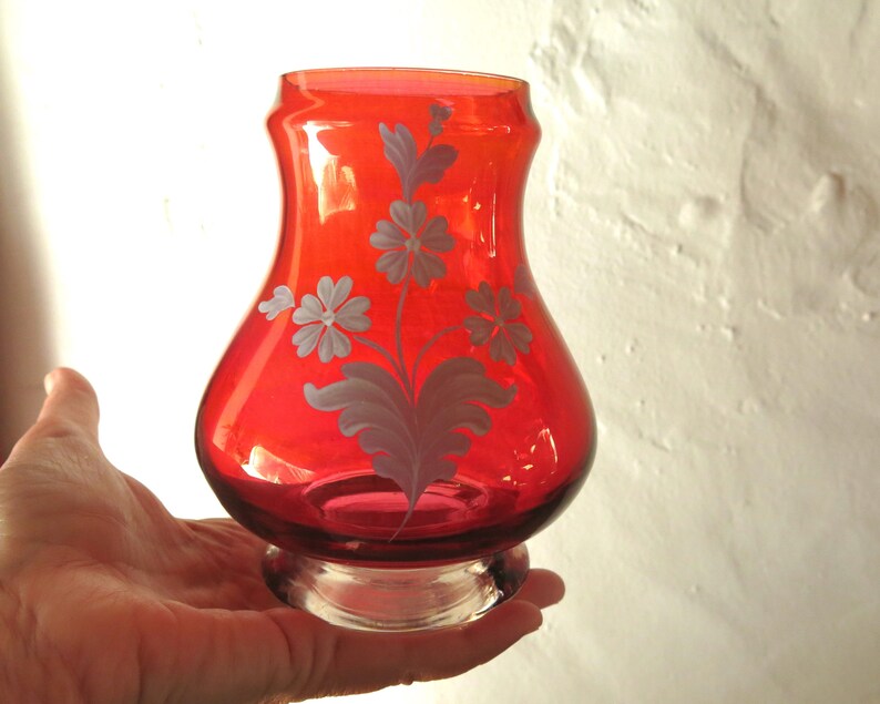 Lovely Vintage Red Glass Vase With Hand-painted White Flowers Retro ...