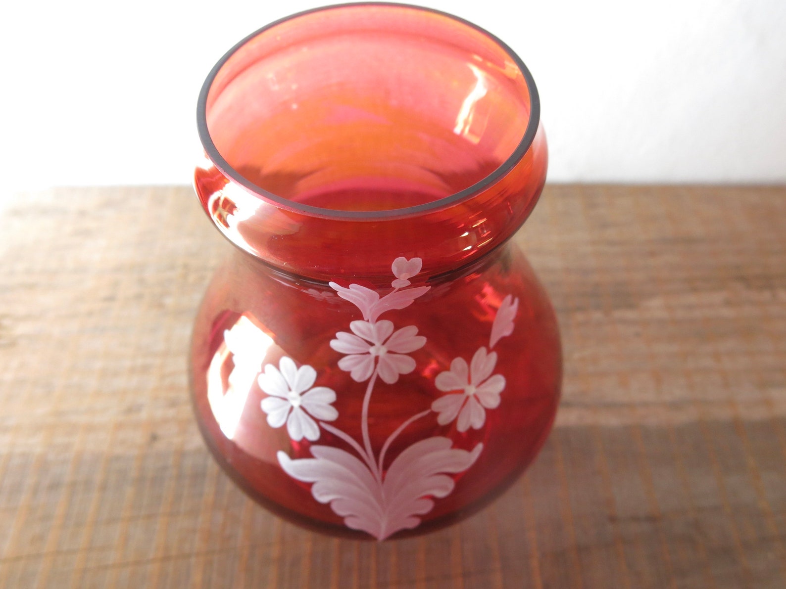 Lovely Vintage Red Glass Vase With Hand-painted White Flowers Retro ...