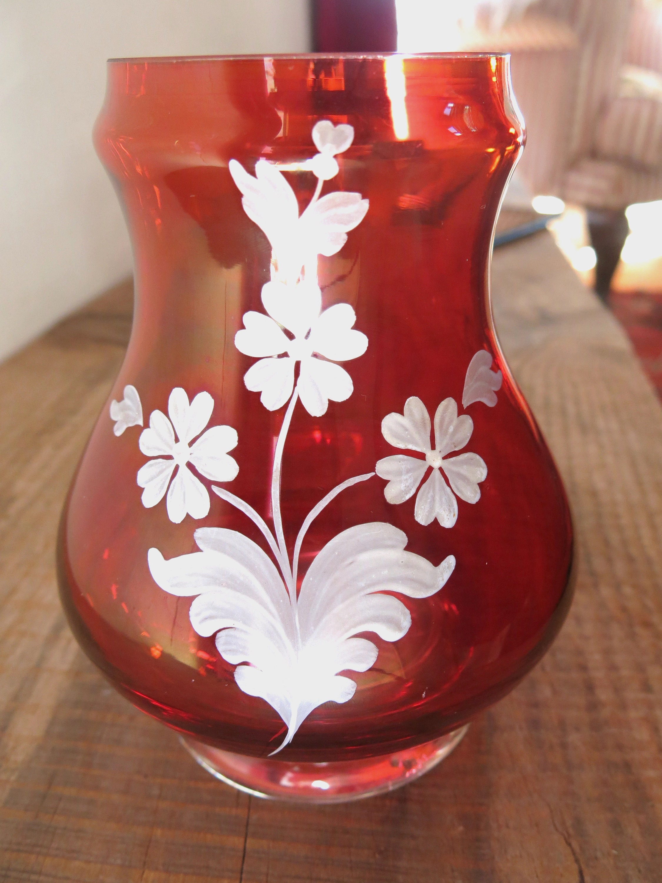 Lovely Vintage Red Glass Vase With Hand-painted White Flowers Retro ...