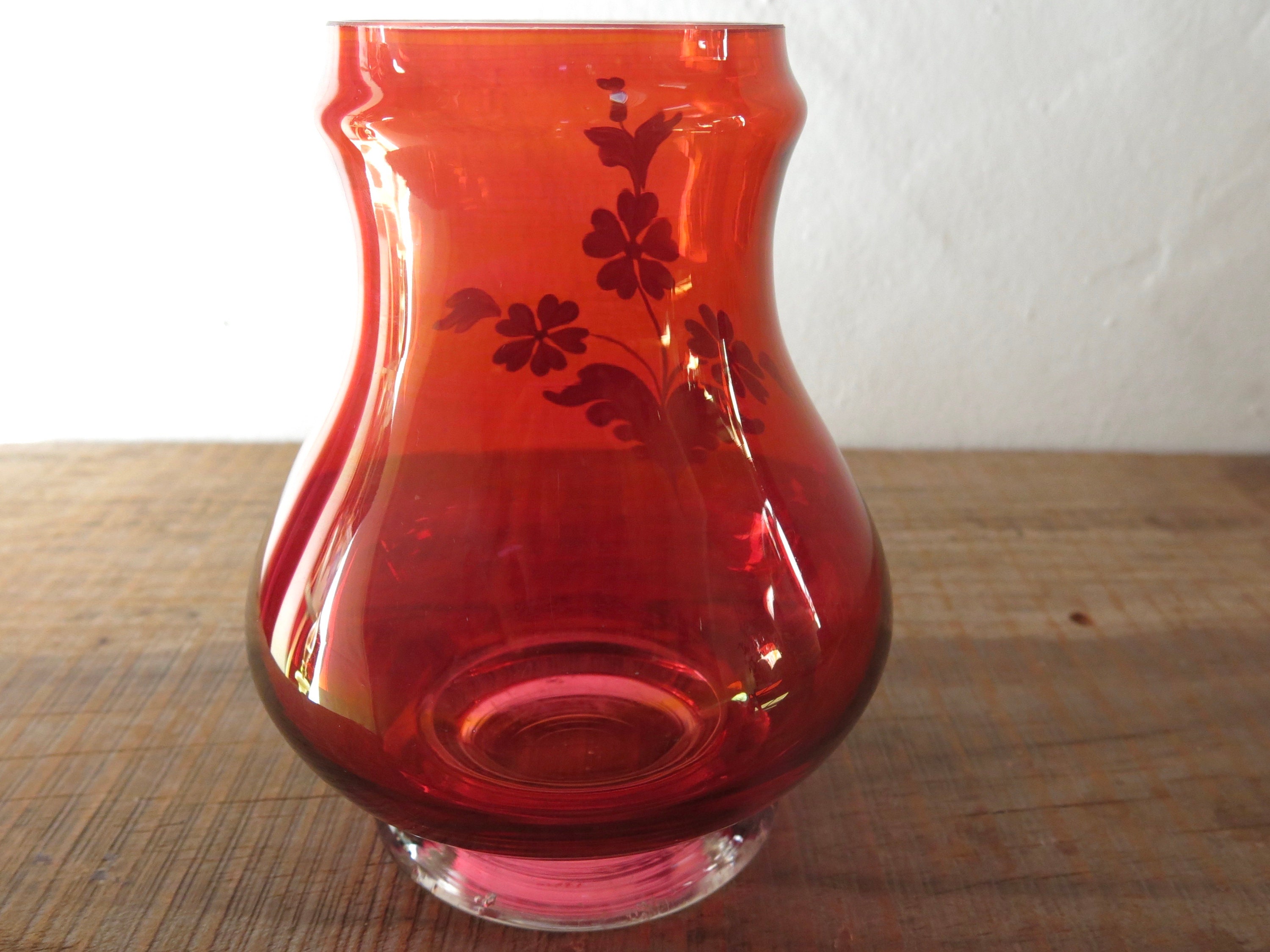 Lovely Vintage Red Glass Vase With Hand-painted White Flowers Retro ...