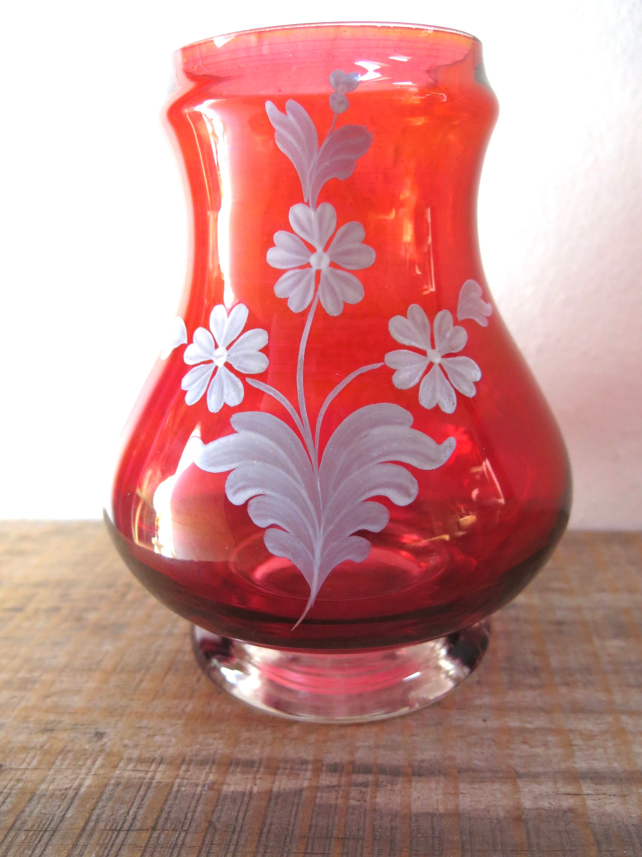 Lovely Vintage Red Glass Vase With Hand-painted White Flowers Retro ...