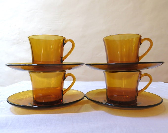 Duralex Set of Four (4) Amber Glass Coffee or Tea Cups Plus Saucers ...