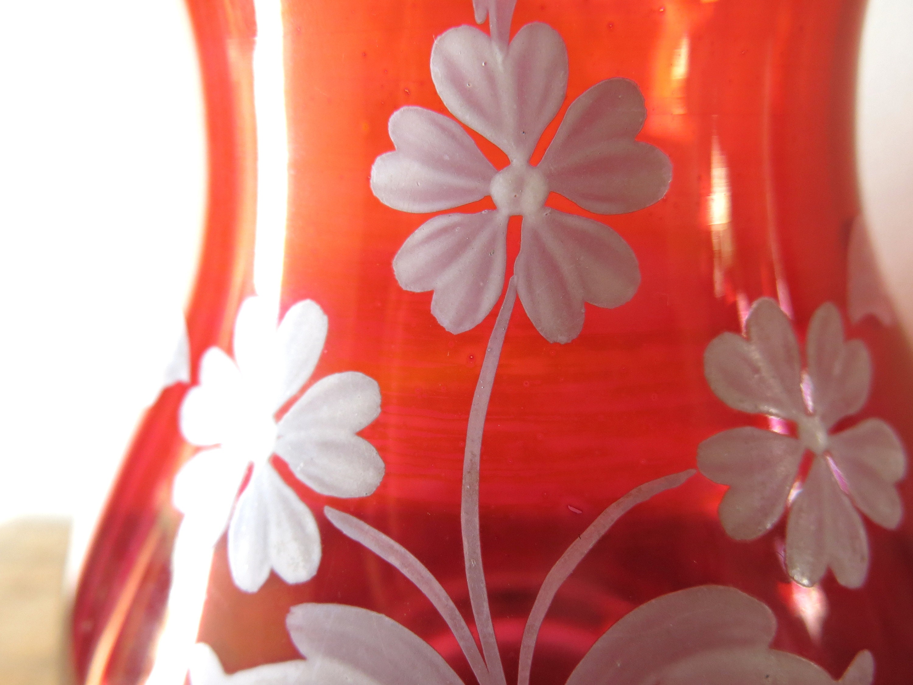Lovely Vintage Red Glass Vase With Hand-painted White Flowers Retro ...