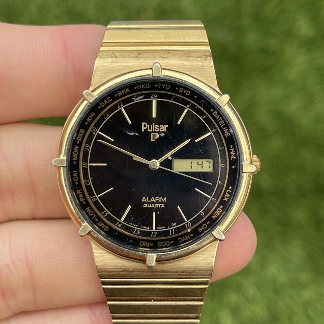 VTG Pulsar Y960-6059 Men Rotate Bezel Analog Digital Quartz Watch Gold ...
