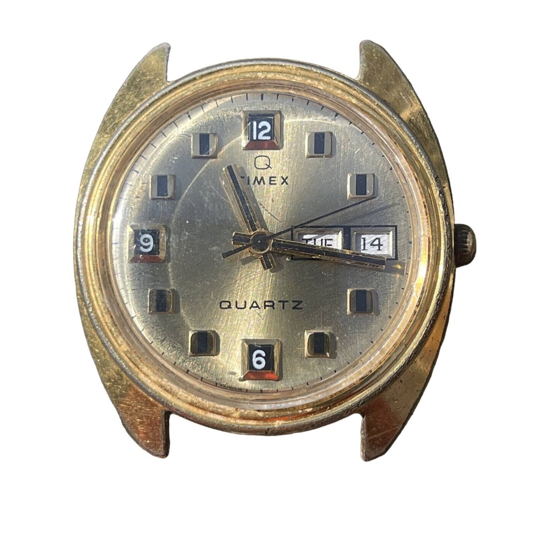 Vintage Men's Timex Quartz Watch M Cell Gold Tone Case Date Day Date ...