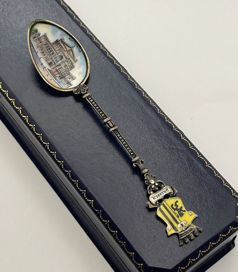 Vintage SOUVENIR 800 Silver & Enamel Crest Spoon Dresden Germany Enamel ...