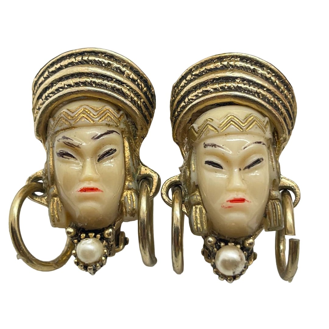 Vintage Earrings Unsigned Selro Face Thai Princess Clip on Bakelite ...