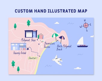 Custom Hand Illustrated Business Map, Place Map, Welcome Map, Itinerary ...