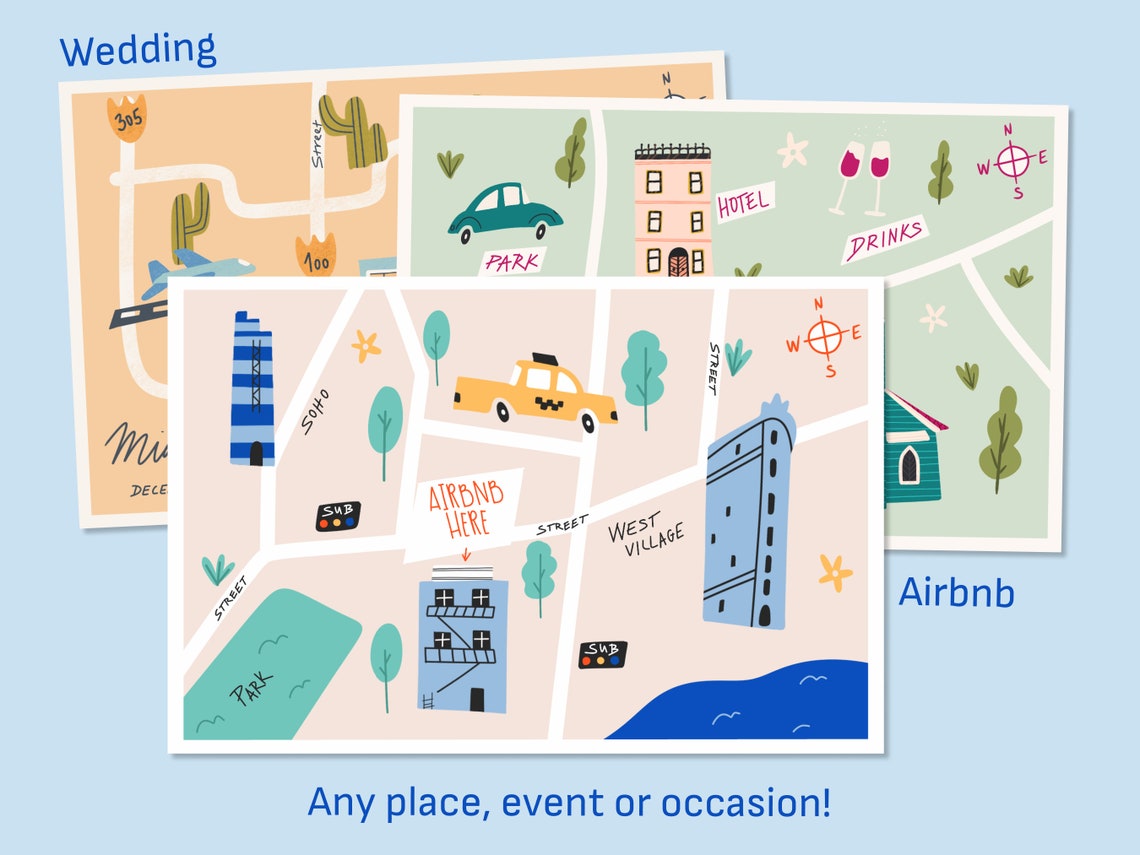 Custom Hand Illustrated Map of Wedding, Destination, Place, Event ...