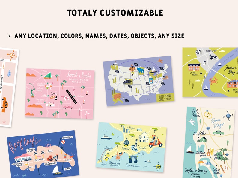 Custom Relationship Hand Illustrated Map, Love Trails, Any Place ...