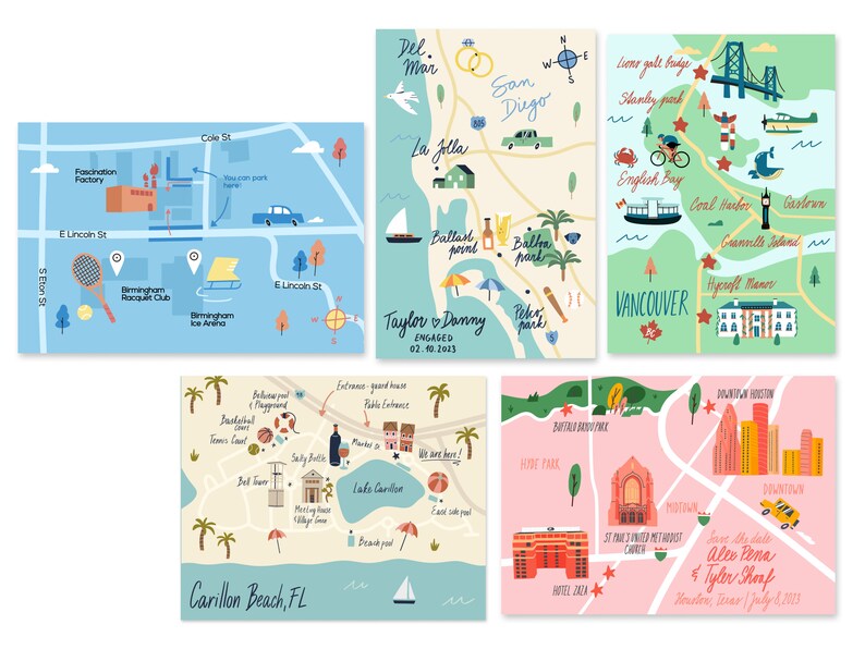 Custom Relationship Hand Illustrated Map, Love Trails, Any Place ...