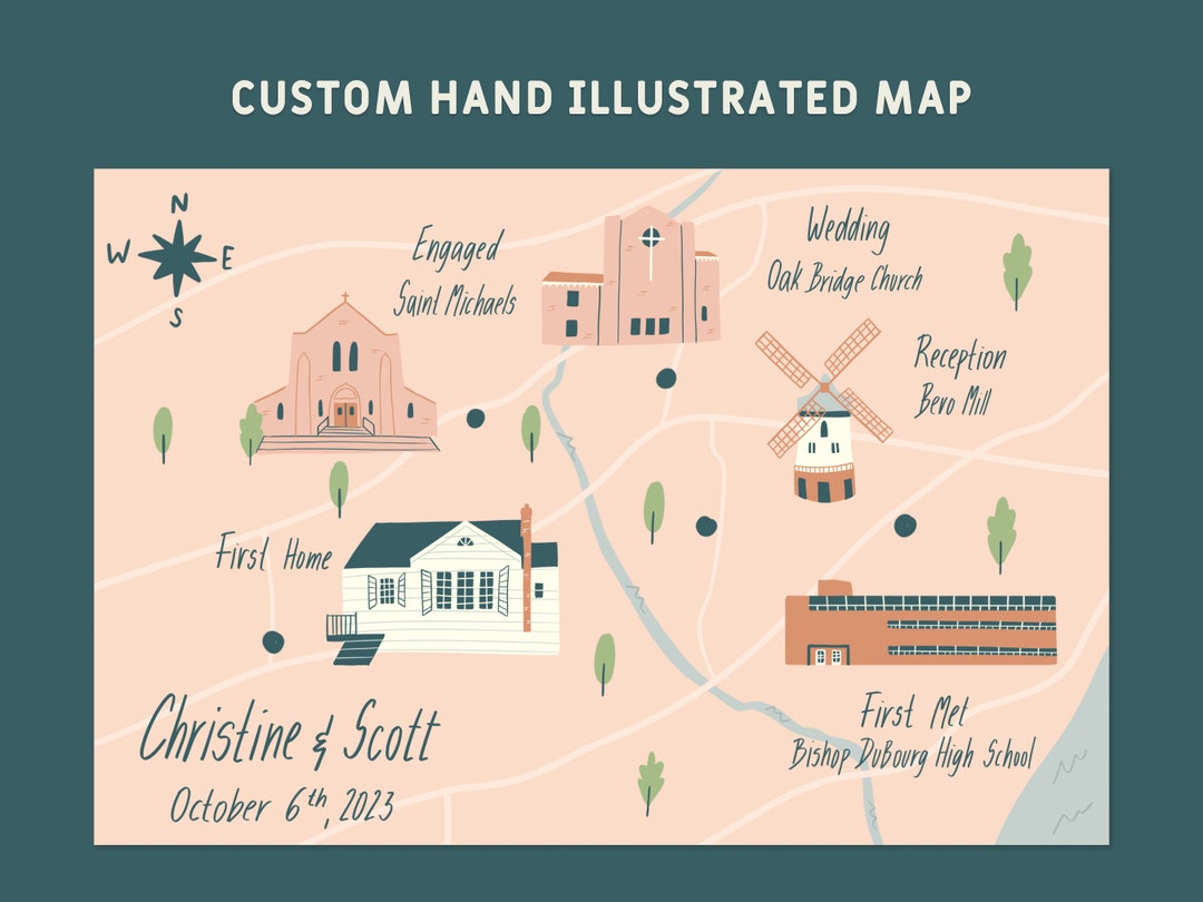 Custom Hand Illustrated Wedding Invitation Map, Save the Date ...