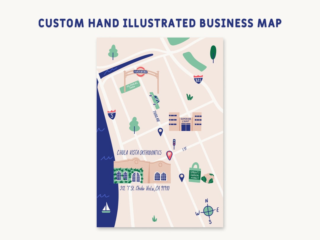 Custom Hand Illustrated Business Map, Place Map, Welcome Map, Itinerary ...