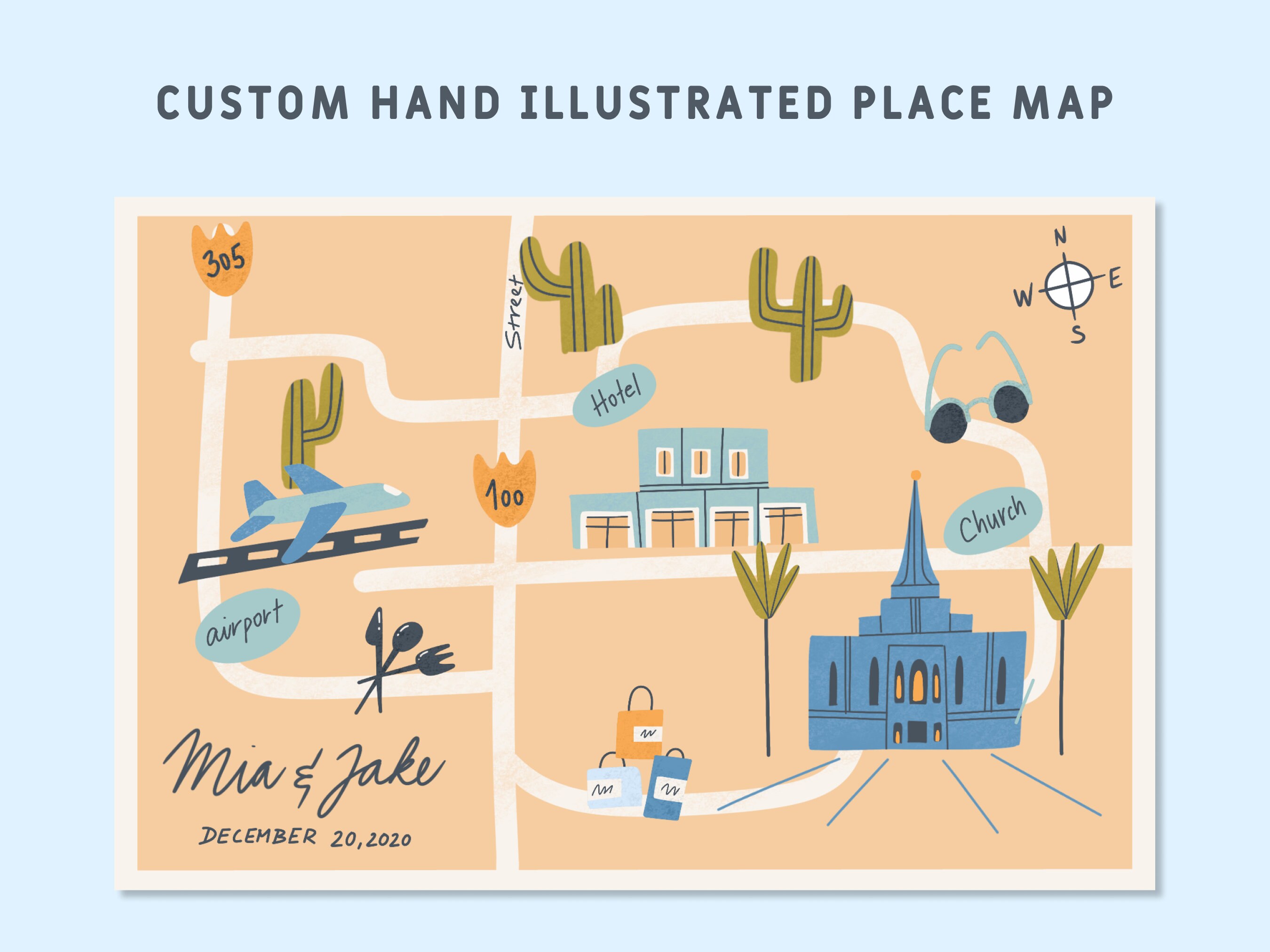 Custom Hand Illustrated Map of Wedding, Destination, Place, Event ...