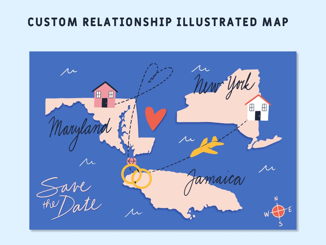 Custom Relationship Hand Illustrated Map, Love Trails, Any Place ...