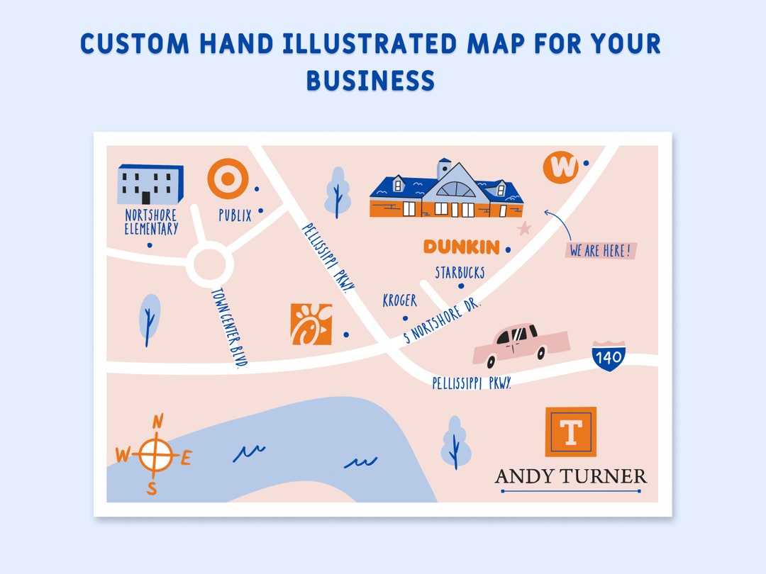 Custom Hand Illustrated Business Map, Place Map, Welcome Map, Itinerary ...