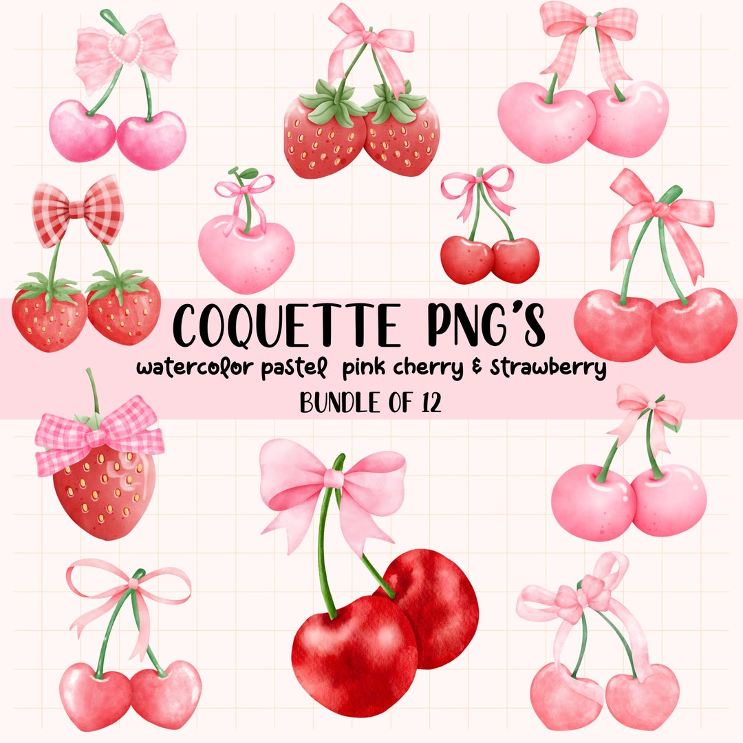 Pink Coquette PNG Clip Art Bundle, Pastel Watercolor Coquette Cherry ...
