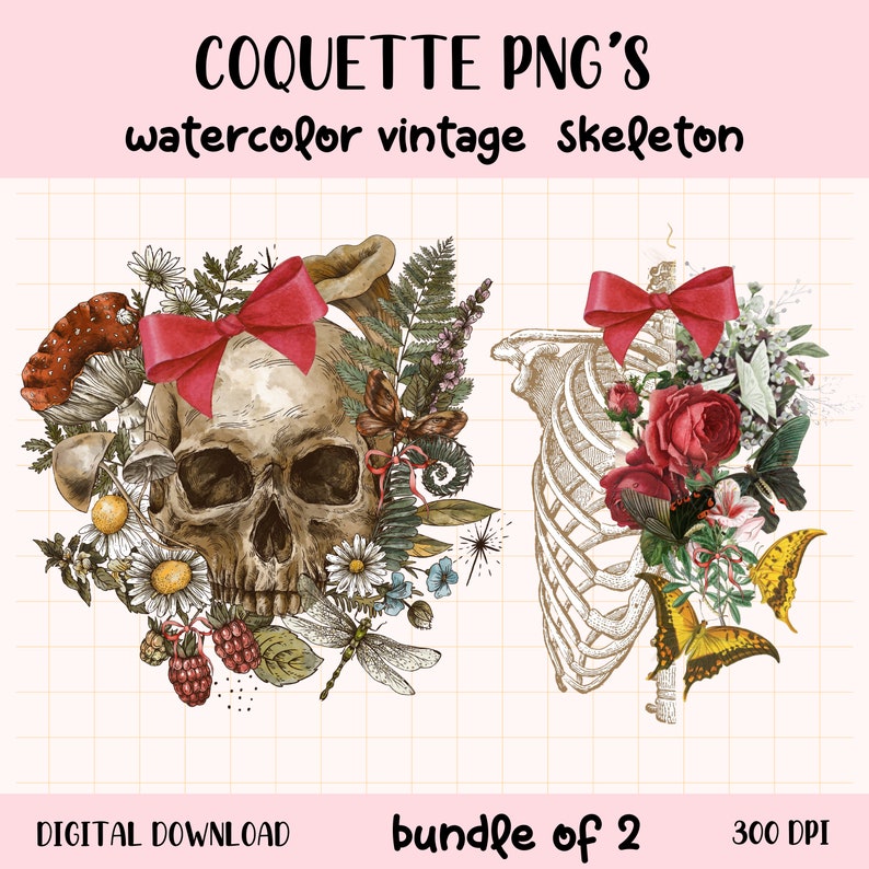 Coquette Skeleton PNG Clip Art Printable, Floral Watercolor Coquette ...