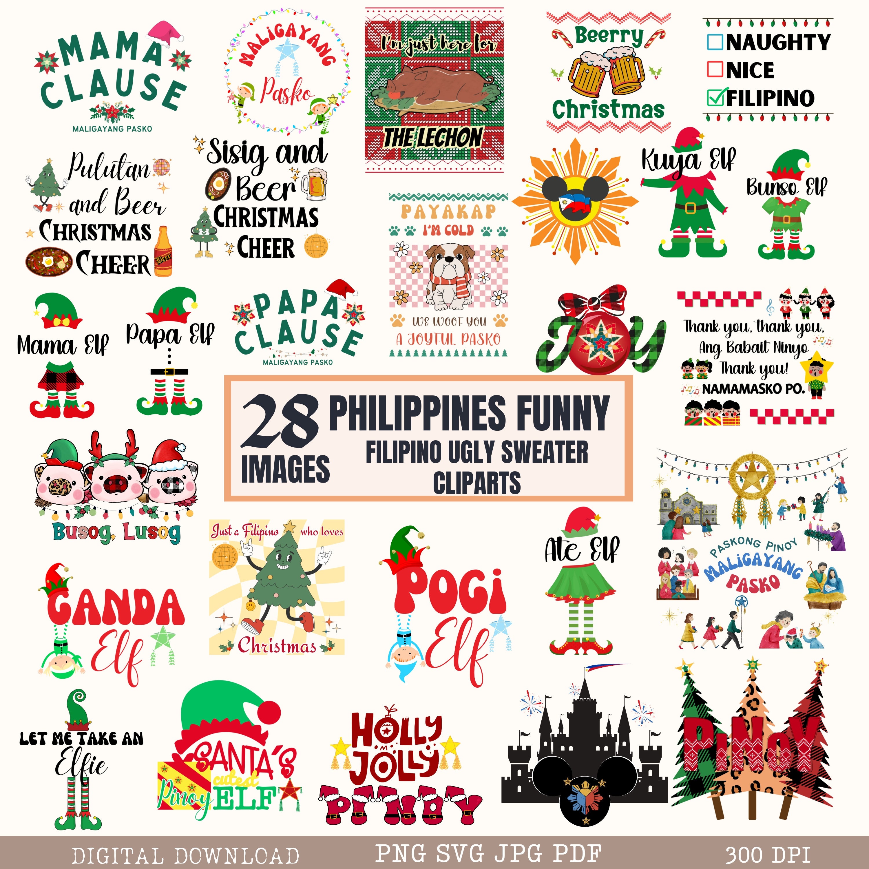 Funny Filipino Christmas Pasko Ugly Sweater Bundle of 28 Printable ...