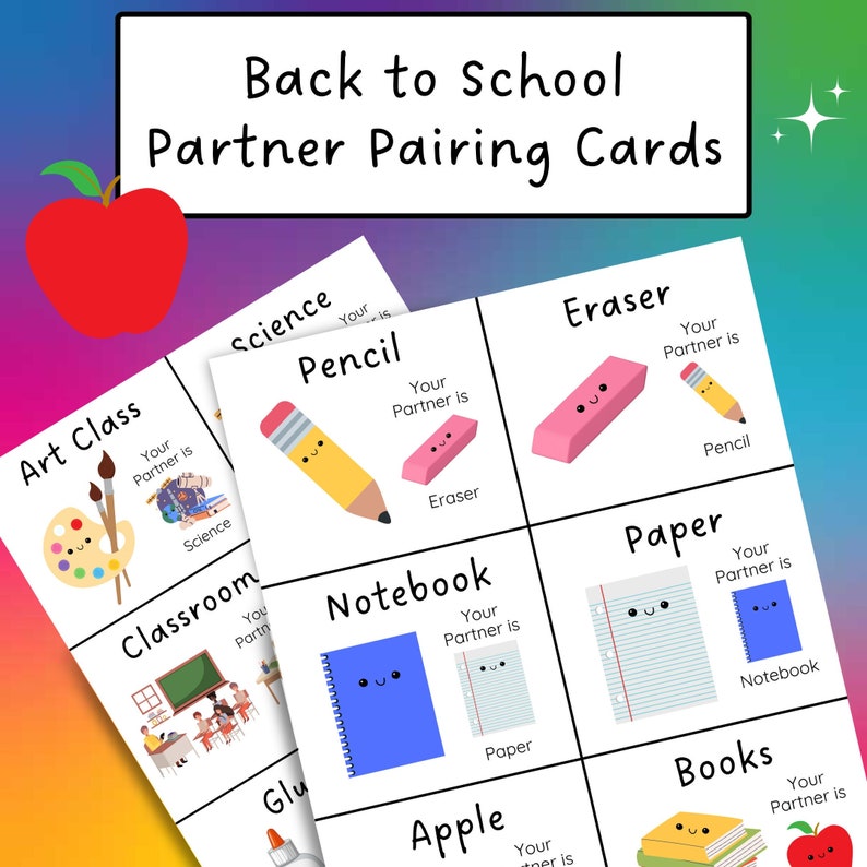 Partner Pairing Cards, Back to School Partner Pairing Cards, Group ...