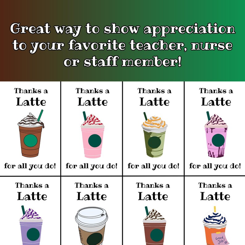 Thanks A Latte Coffee Tag, Starbucks Label, Starbucks Coffee Tag, Treat ...