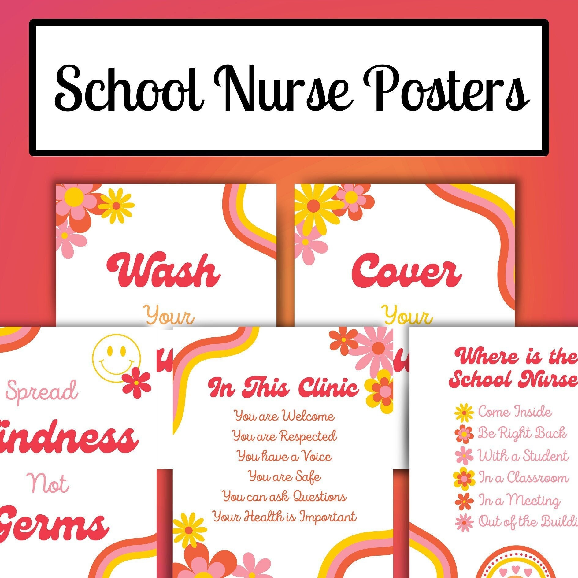 School Nurse Poster Bundle, Set of 5, Groovy, Retro Themed, for Nurse ...