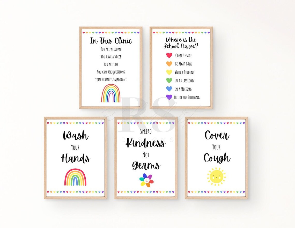 School Nurse Print Bundle, Set of 5, Rainbow Themed, Clinic Decor ...