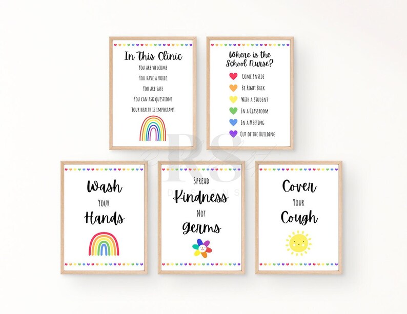 School Nurse Print Bundle, Set of 5, Rainbow Themed, Clinic Decor ...