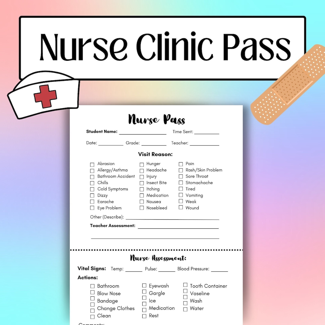 School Nurse Clinic Pass, Pass for Nurse's Office, School Nurse ...