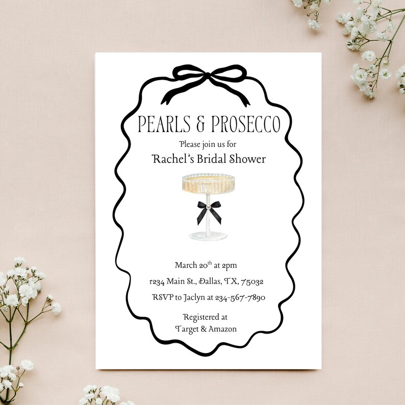 Pearls and Prosecco Bridal Shower Invitation Template, White Pearl ...