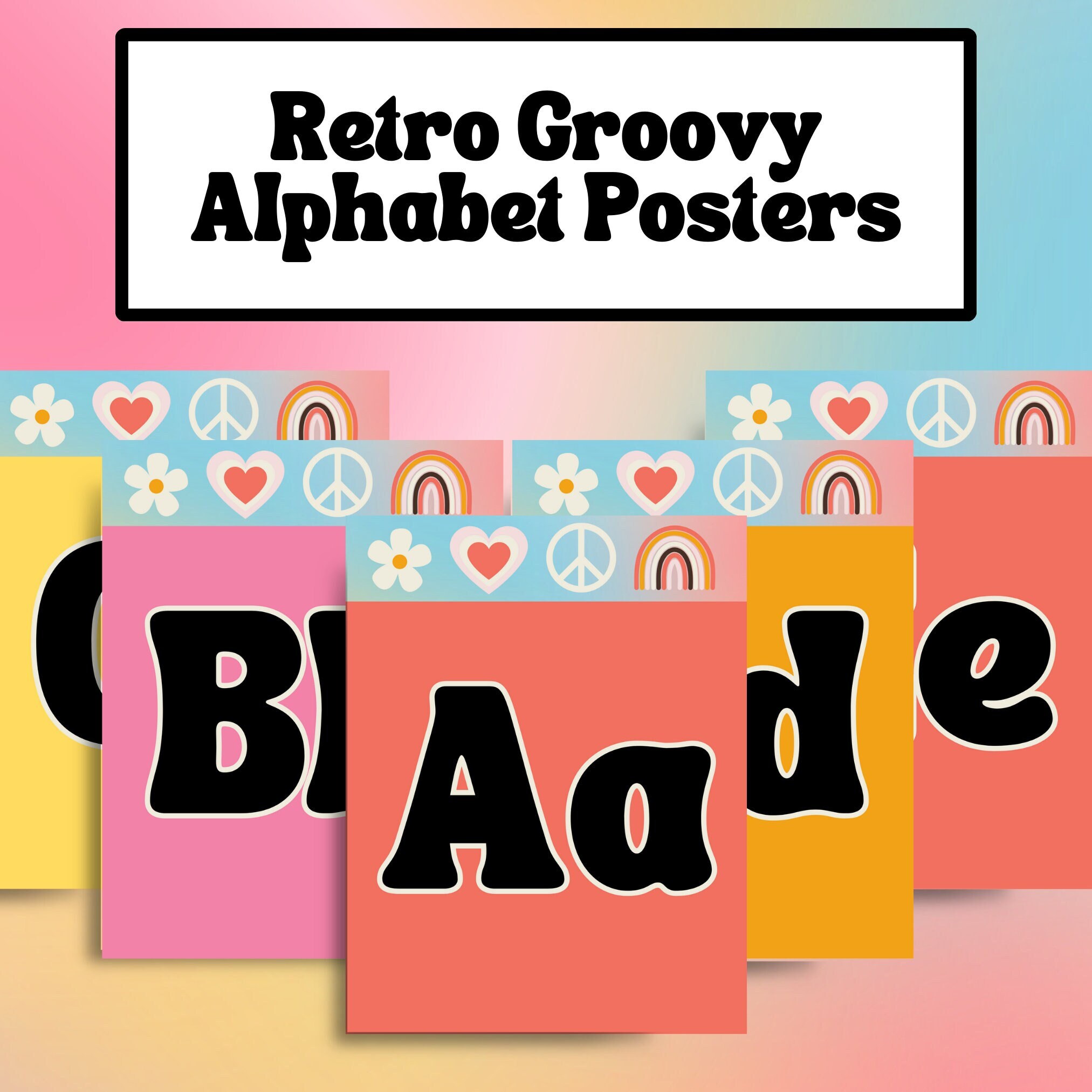 Retro Groovy Alphabet Poster Set, Set of 52 Posters, Retro Classroom ...