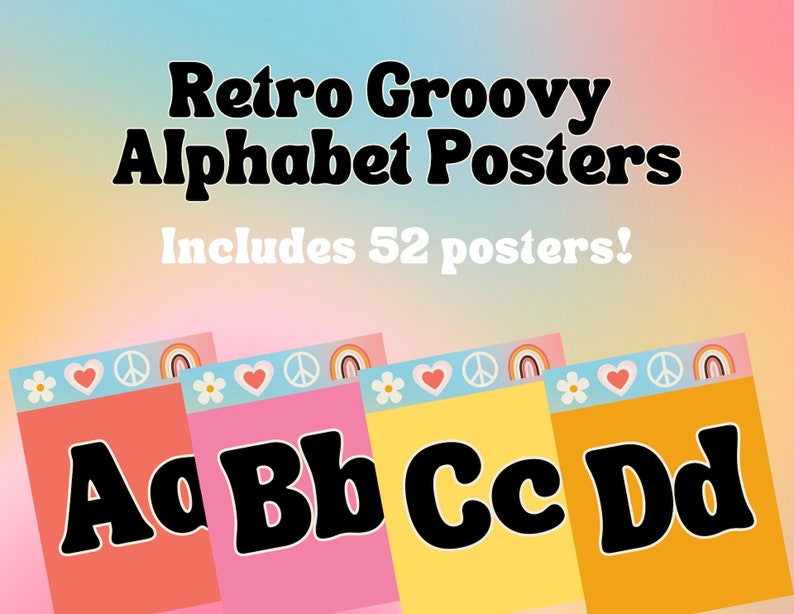 Retro Groovy Alphabet Poster Set, Set of 52 Posters, Retro Classroom ...