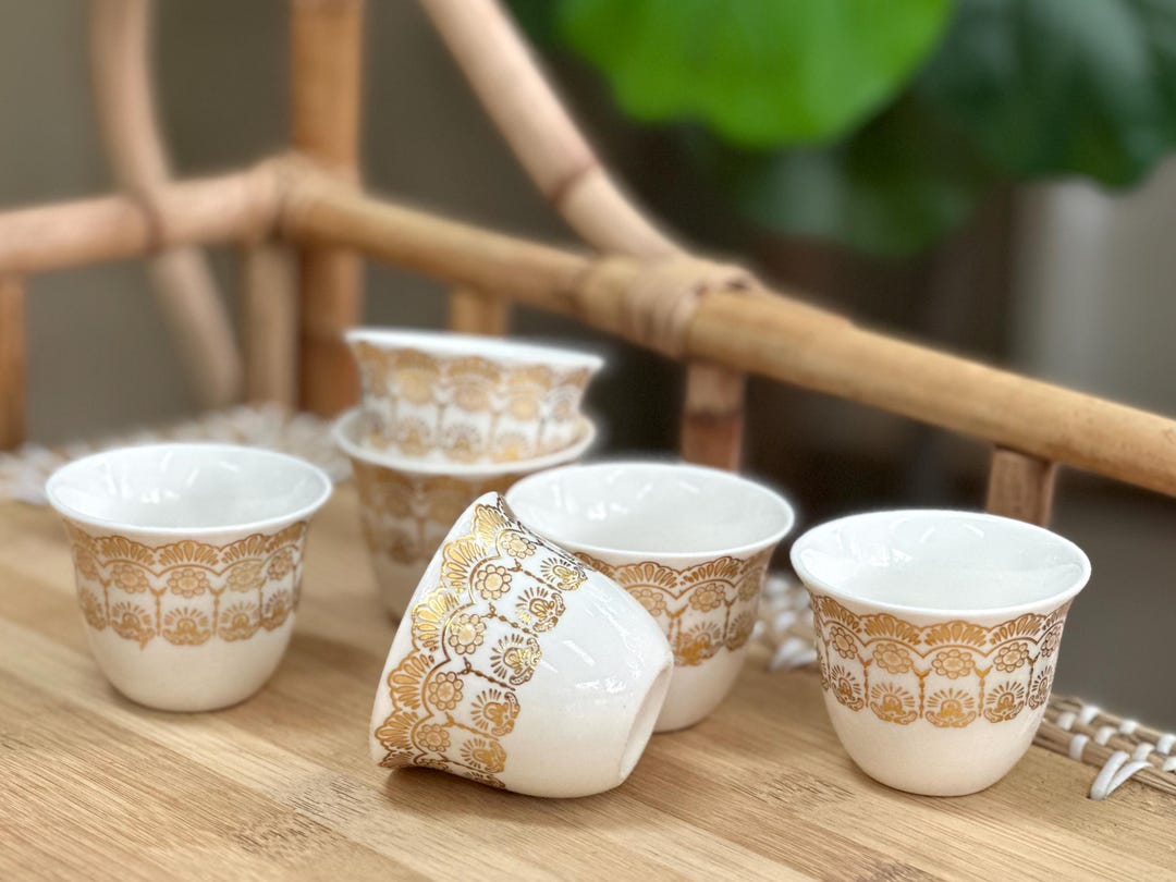 Vintage Arabic Coffee Cup Cawa Qahwa Cup Gold White Ceramic Sake Set of ...