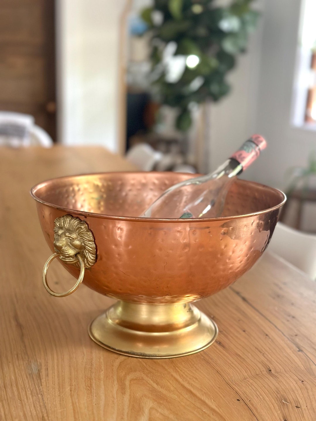 Rare Vintage Copper Champagne Bucket Bowl Brass Lion Head Ring Handles ...