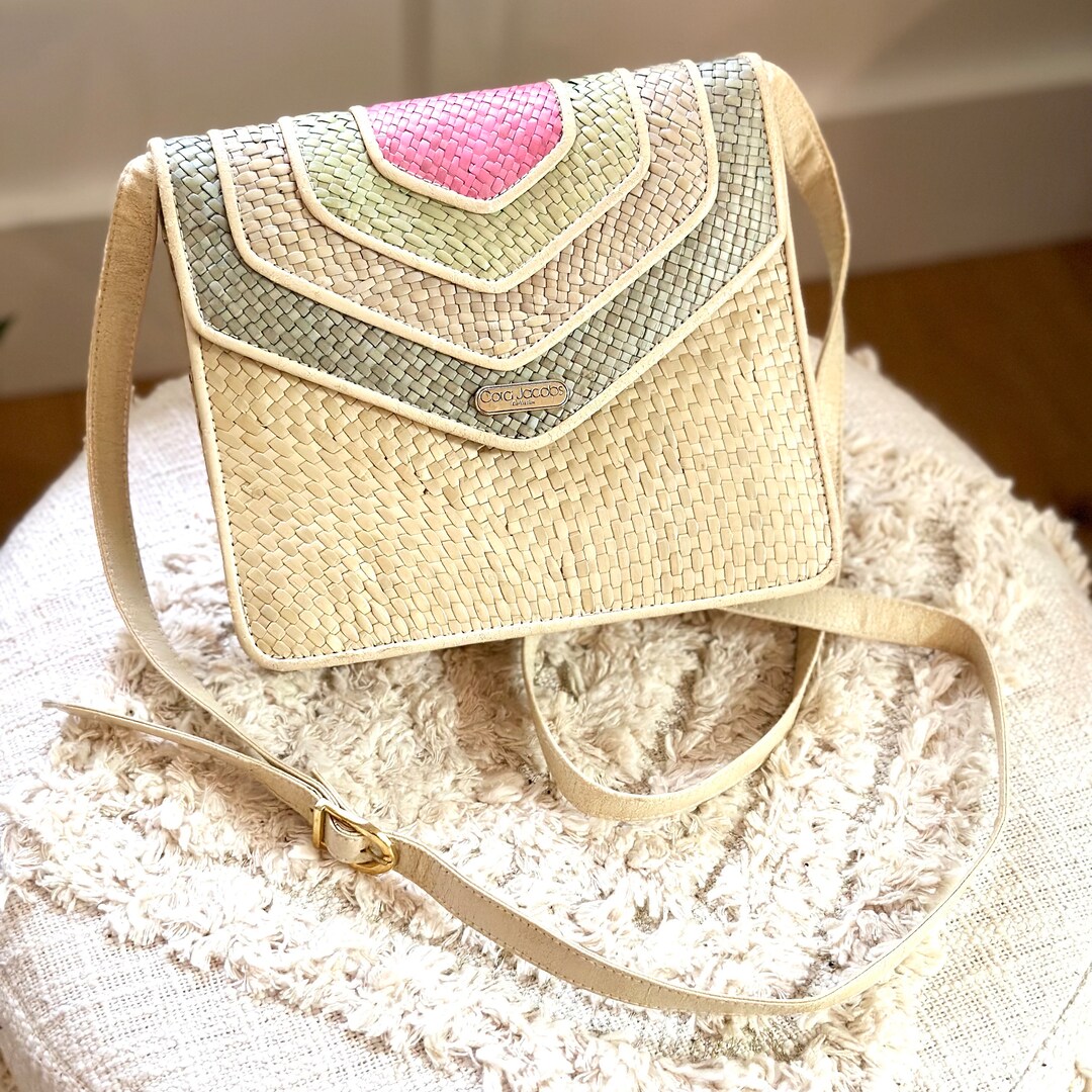 Vintage Cora Jacobs Woven Straw Purse Natural Pink Green Adjustable ...
