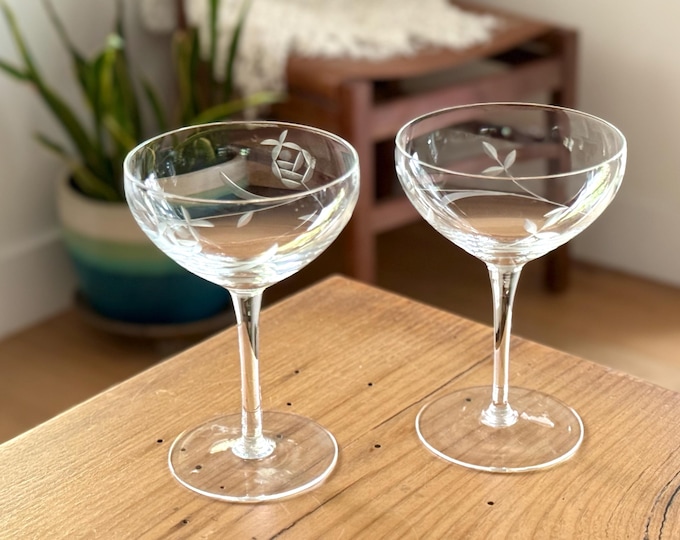 Vintage Floral Etched Coupe Glass, Tall Champagne, Martini Glasses ...