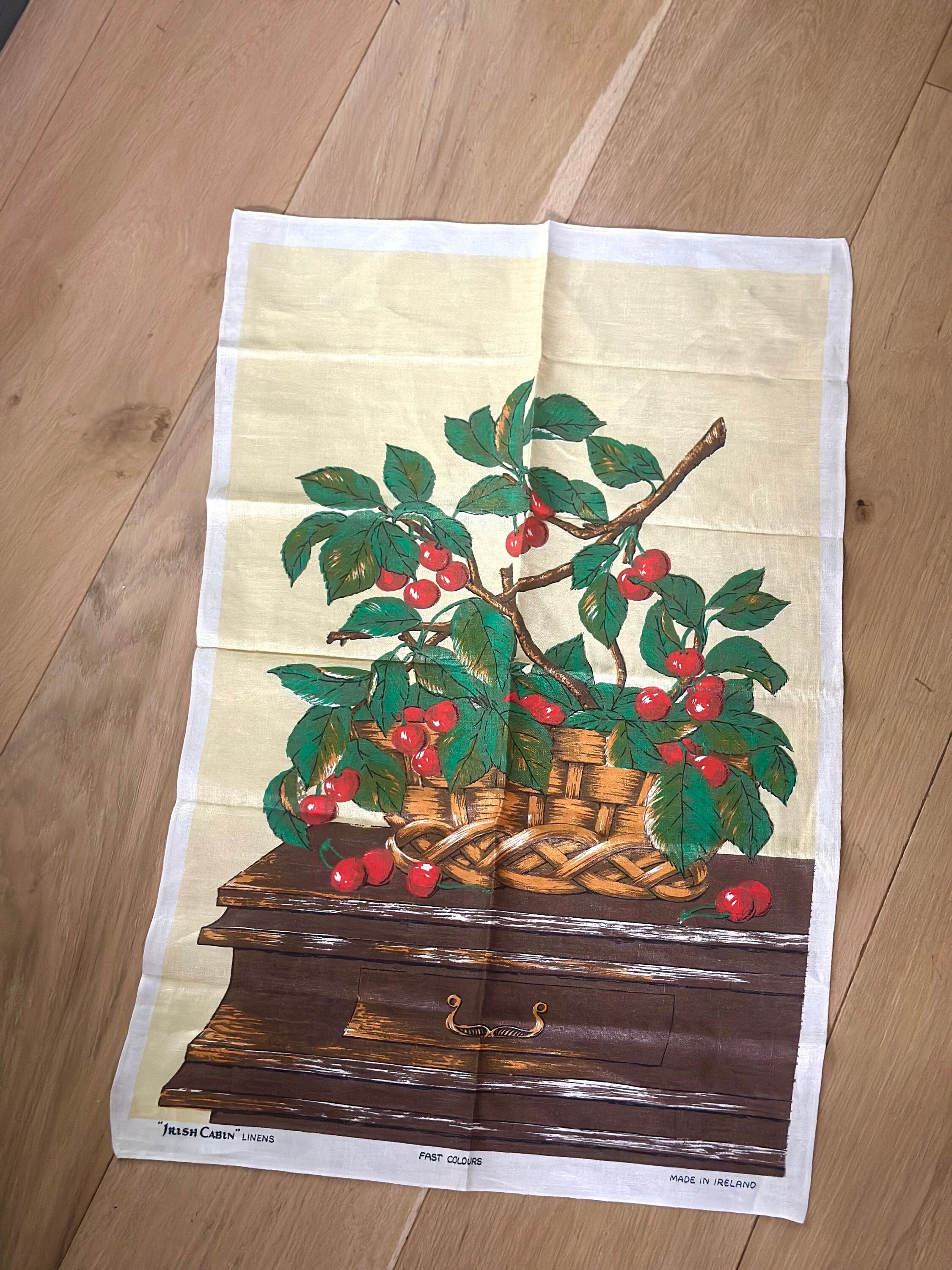 Rare Vintage Irish Tea Towel Cherries, Basket, Cherry Branch, All Linen ...