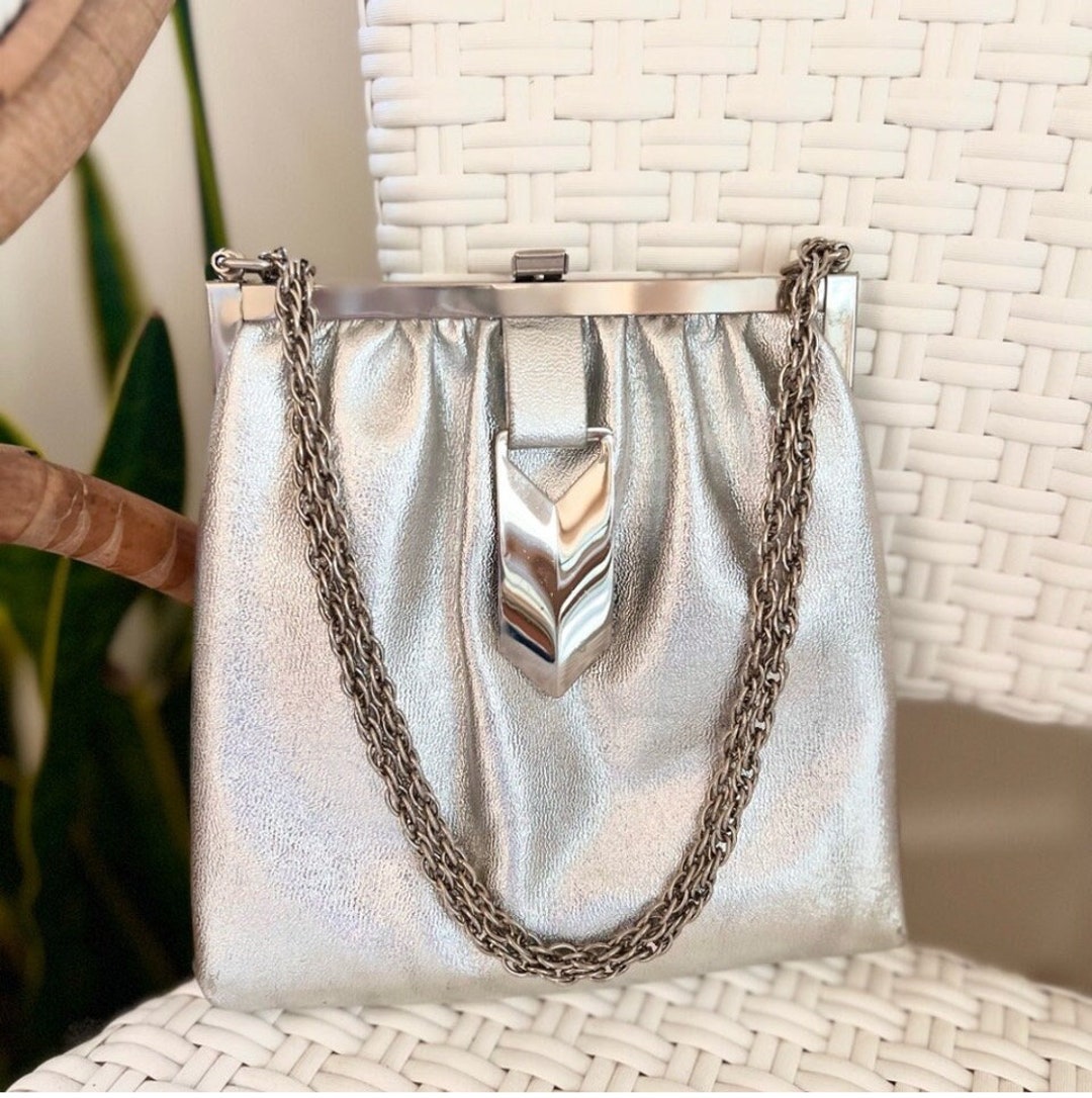 Vintage Art Deco Style Silver Metallic Evening Bag Wedding Formal ...