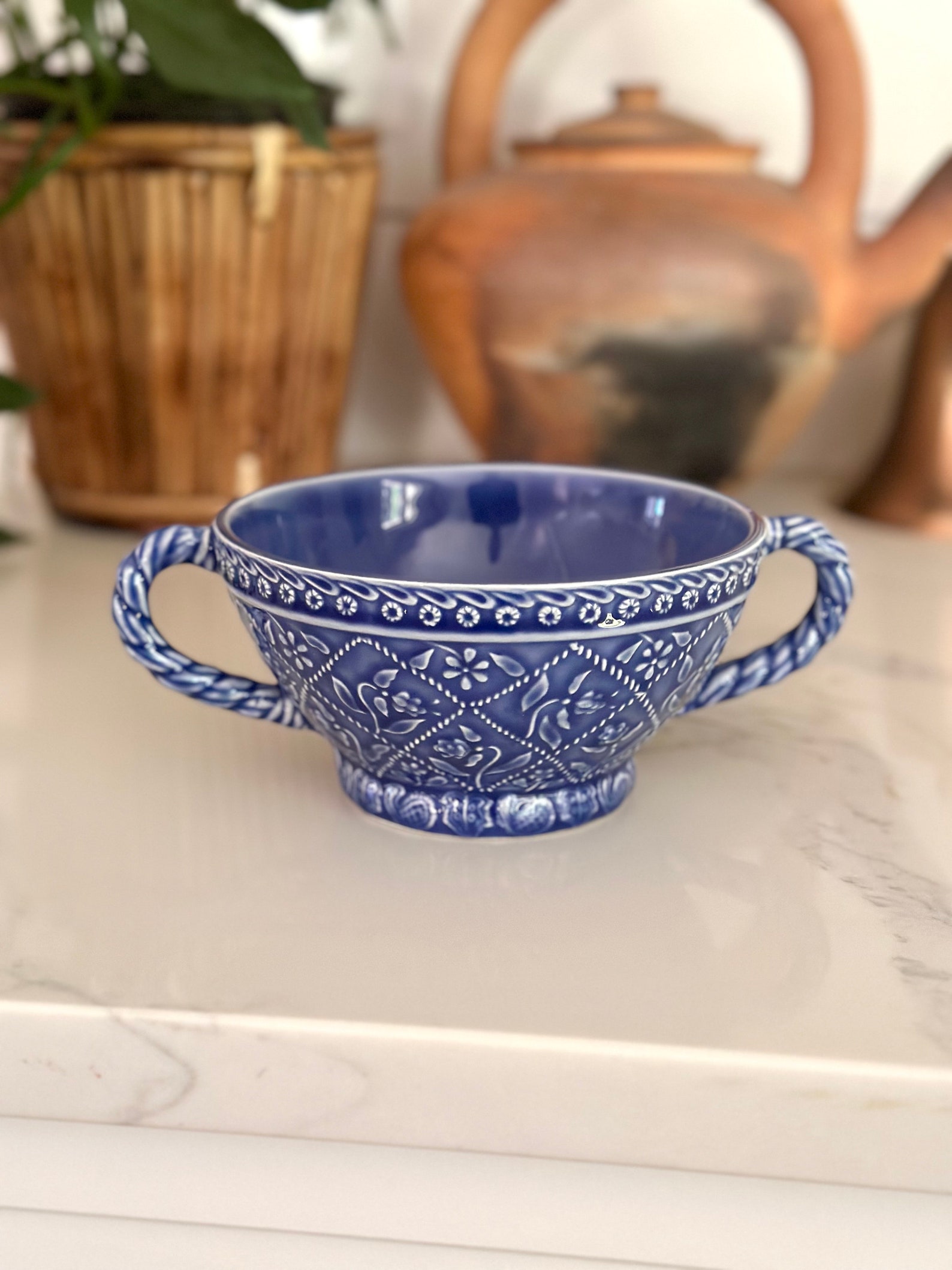 Rare Vintage Bordallo Pinheiro Flowers Paisley Leaves Blue Salad Plate ...