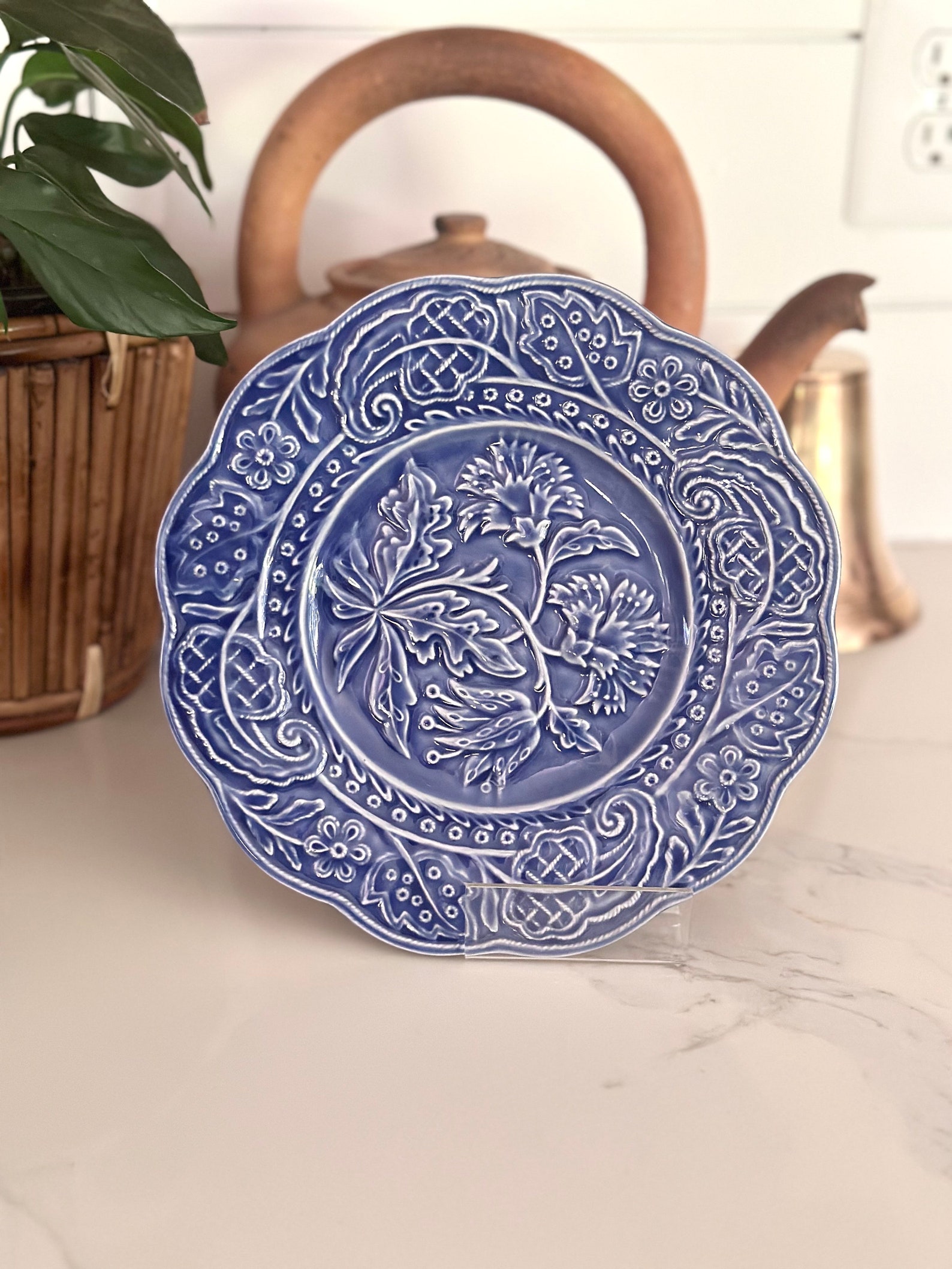 Rare Vintage Bordallo Pinheiro Flowers Paisley Leaves Blue Salad Plate ...