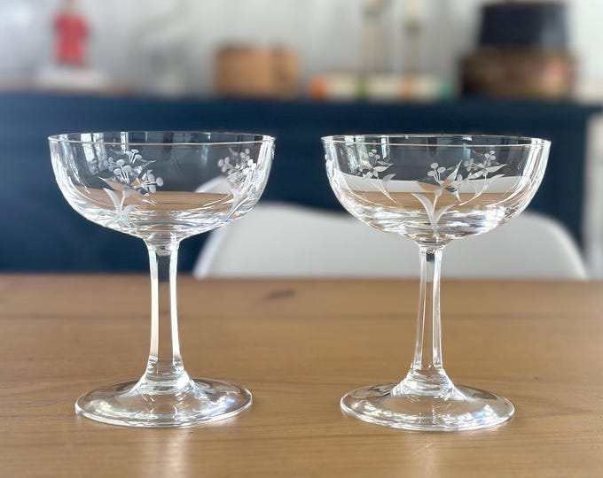 Vintage Crystal Champagne Coupe Glasses Etched Floral Hexagonal Stem ...
