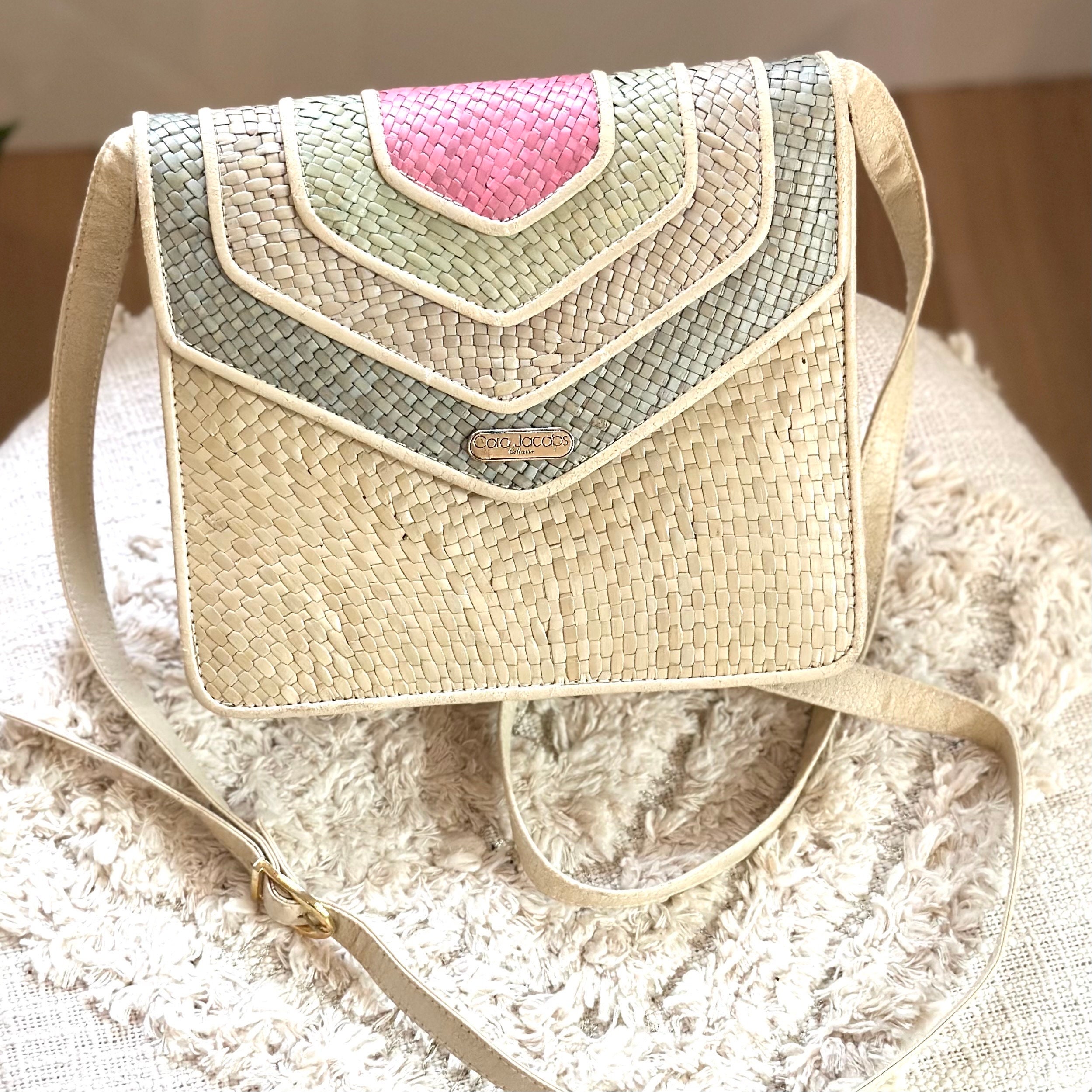 Vintage Cora Jacobs Woven Straw Purse Natural Pink Green - Etsy