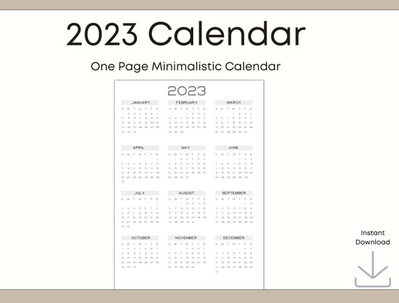 2023 Year One Page Printable Calendar Instant Download - Etsy