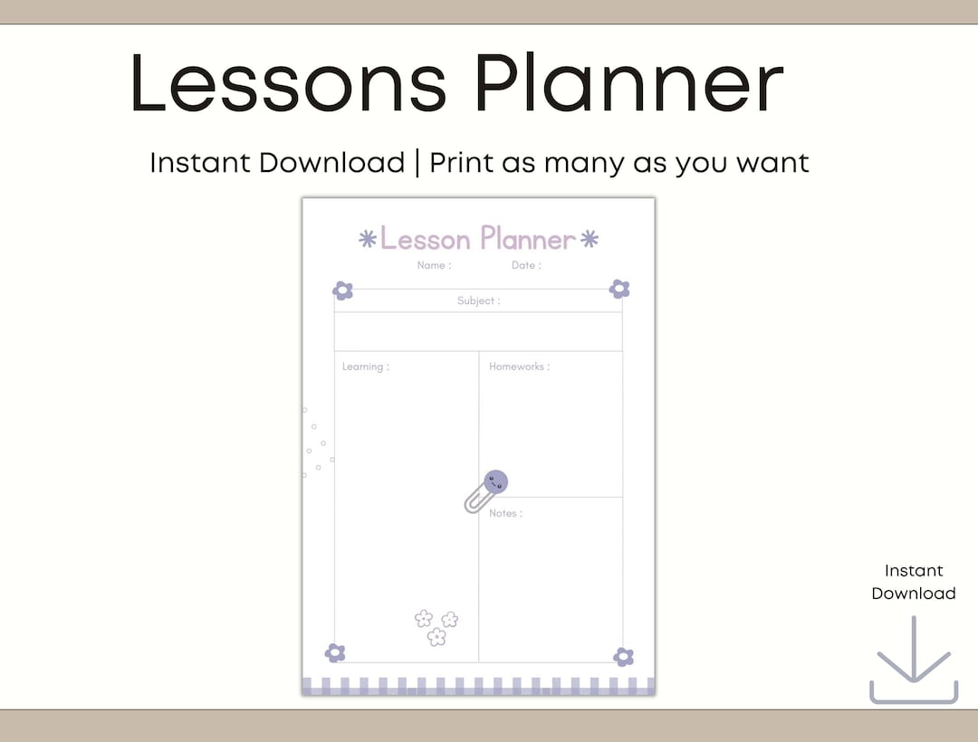One Page Lessons Planner, Instant Download Planner, Lesson Schedule Calendar, Printable Lesson ...