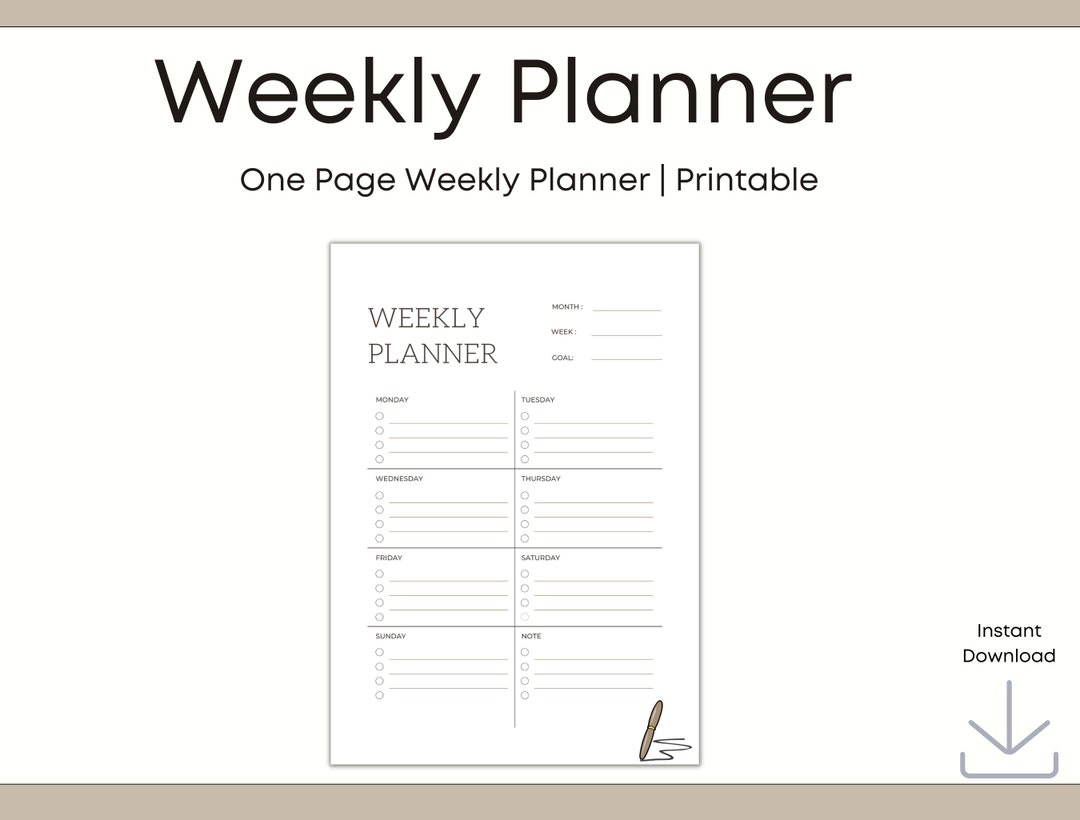 Minimalistic Weekly Calendar, One Page Instant Downloadable Planner ...