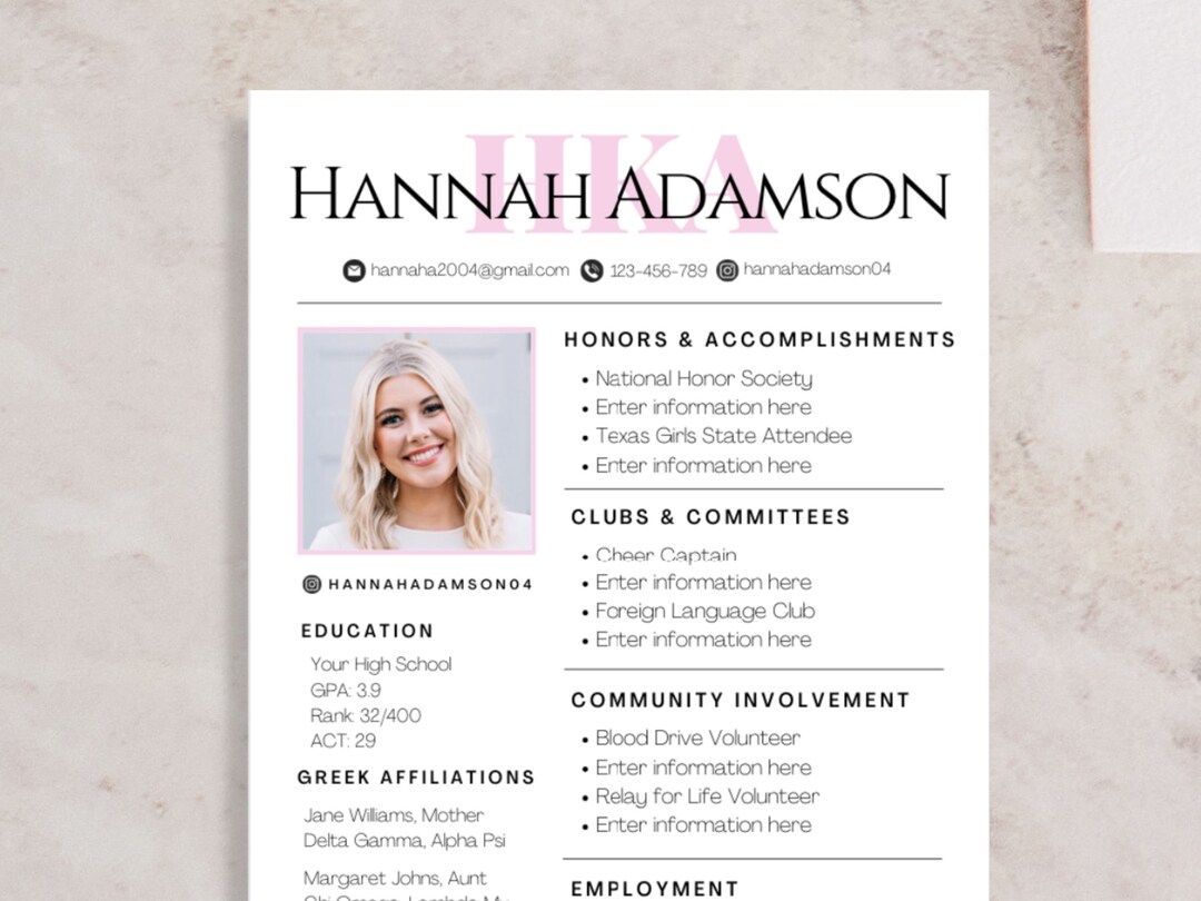 Pink Sorority Resume Template, Rush Resume Pack, Cute Resume With Photo ...